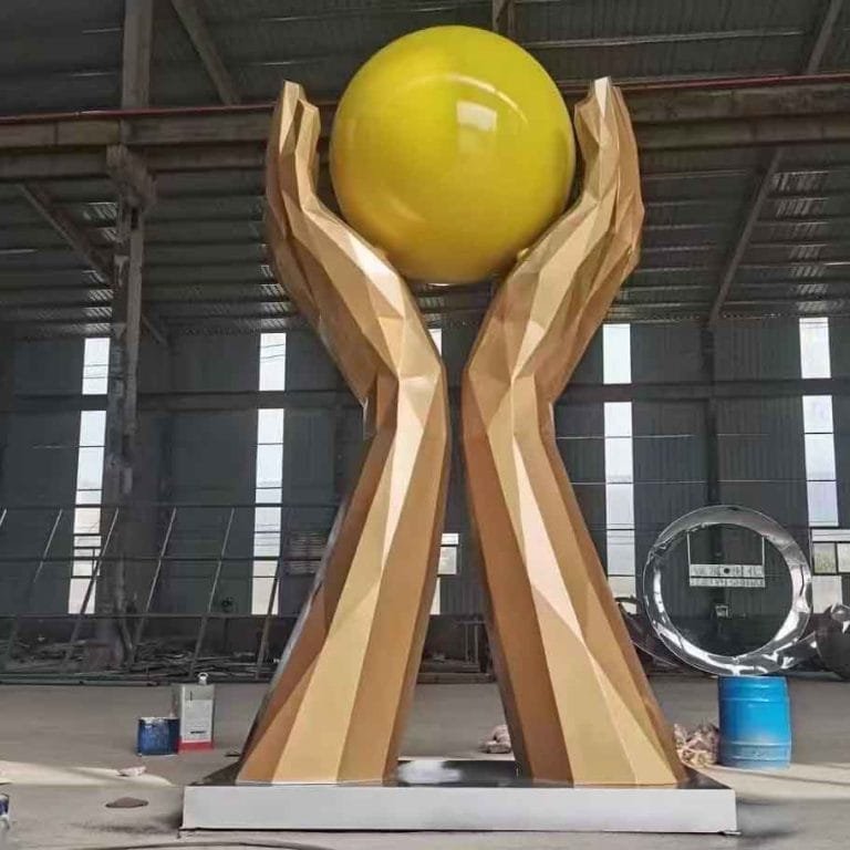 Stainless Steel Metal 2 Big Hands Dragging A Ball Sculpture